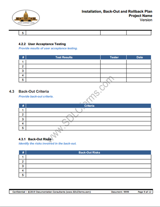 SDLCforms Installation Back Out Rollback Plan Template