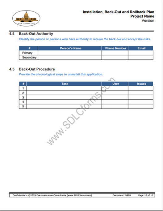 SDLCforms Installation Back Out Rollback Plan Template